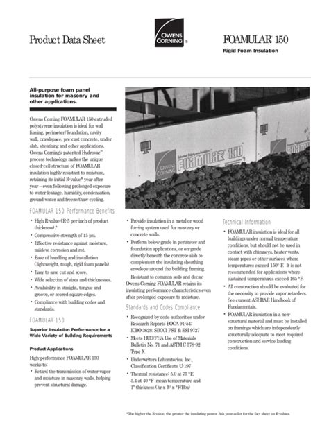Foamular Insulation Data Sheet R Value Specs And Applications
