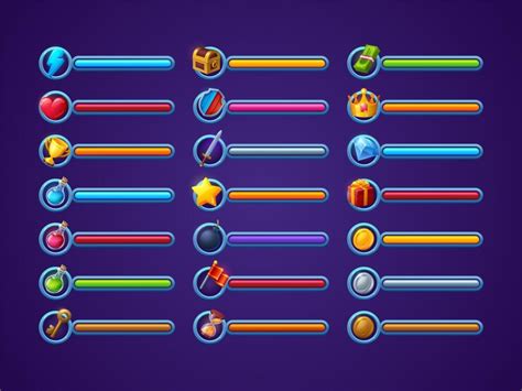 게임 진행률 표시줄 벡터 설정 Ui 만화 인터페이스 디자인 요소 전원 생활 또는 건강 마법 주문 무료 벡터