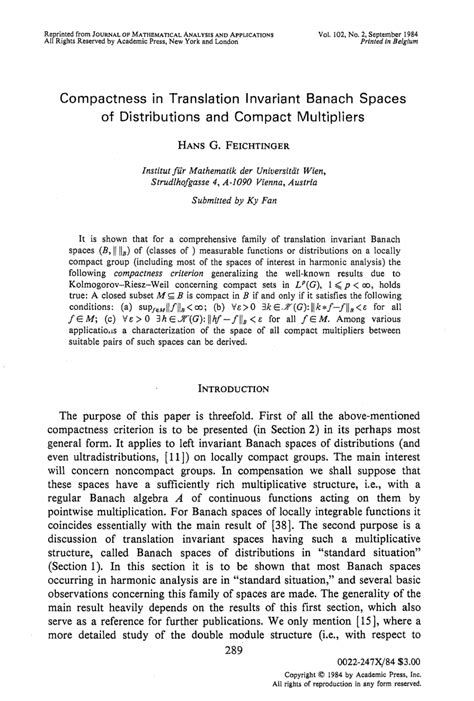 Pdf Compactness In Translation Invariant Banach Spaces Of Distributions And Compact Multipliers
