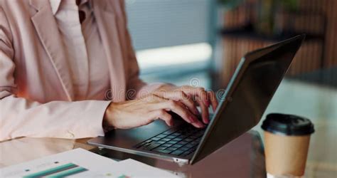 Hands Person And Typing On Laptop With Graphs Documents Data Analysis And Financial Report