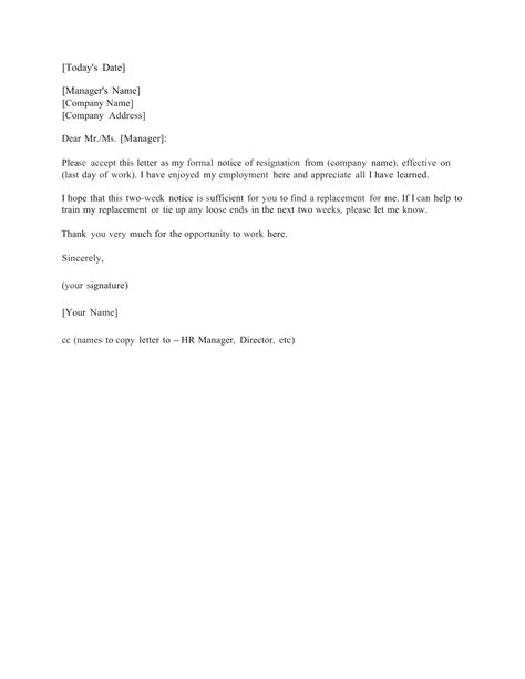 Sample Two Week Notice Letter To Employer