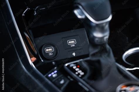 USB Port In The Car Panel Close Up Car Interior Detail Car Usb Charger Detail Stock Photo