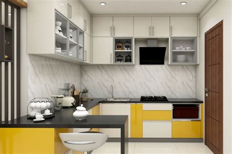 Glossy Modular Beige And Yellow Kitchen Design With Open Layout Livspace