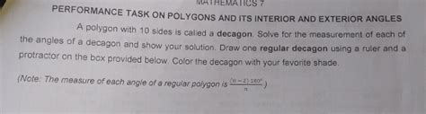 Solved MATHEMATICS PERFORMANCE TASK ON POLYGONS AND ITS INTERIOR AND EXTERIOR ANGLES A