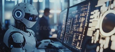 Robot Working At Computer Futuristic Technology Digital Interface Programming Artificial