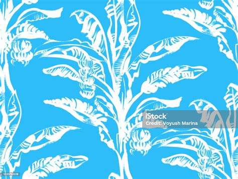 두 가지 색상의 마른 브러시로 그려진 열대 잎이있는 바나나 손바닥이있는 매끄러운 패턴 그리기에 대한 스톡 벡터 아트 및 기타 이미지 그리기 바나나 배경 주제 Istock