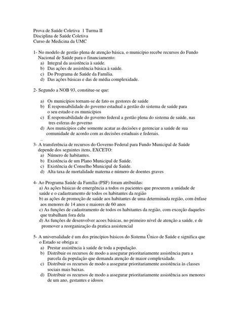 Prova De Saúde Coletiva I Versao 2 Pdf Sistema De Saúde