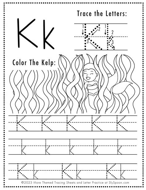 Free Letter K Tracing Worksheet Printable Mermaid Themed Sly Spoon