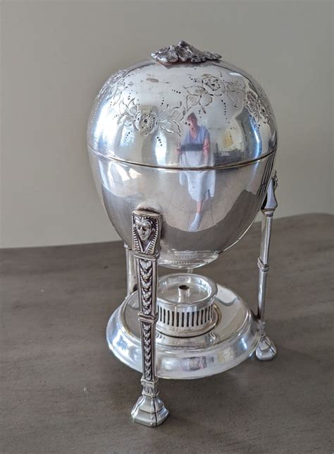 Gorgeous Antique Assyrian Headegyptian Silver Floral Etched Egg Warmercoddler W Stand And Burner