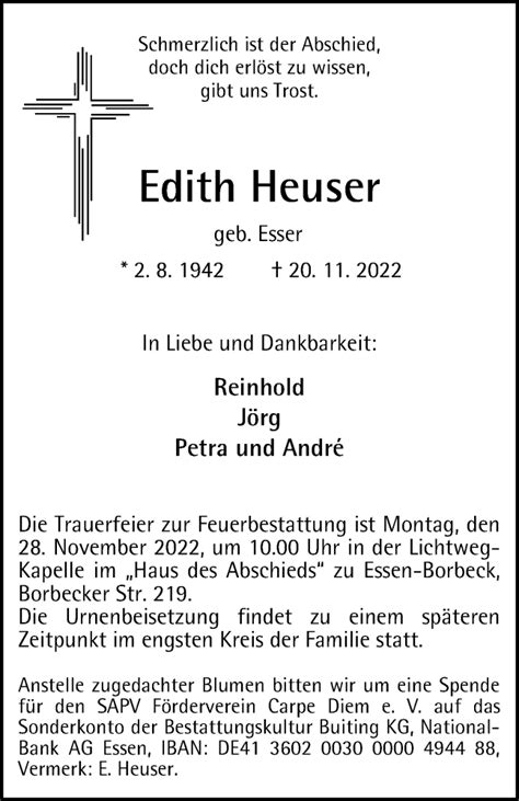 Traueranzeigen Von Edith Heuser Trauer In Nrw De