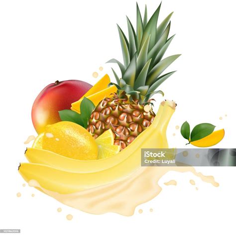 3d 프로 모션 배너 광고 현실적인 망고 레몬 바나나 파인애플 떨어지는 조각 주스 방울 비타민 잎 튀는 벡터 아이스크림 요구르트 브랜드 광고 레이블 포스터 0명에 대한 스톡