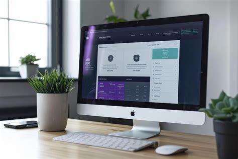 Modern Desktop Workspace Apple Computer Displaying Data Analytics Dashboard Green Plants
