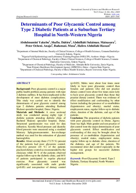 Pdf Determinants Of Poor Glycaemic Control Among Type 2 Diabetic Patients At A Suburban