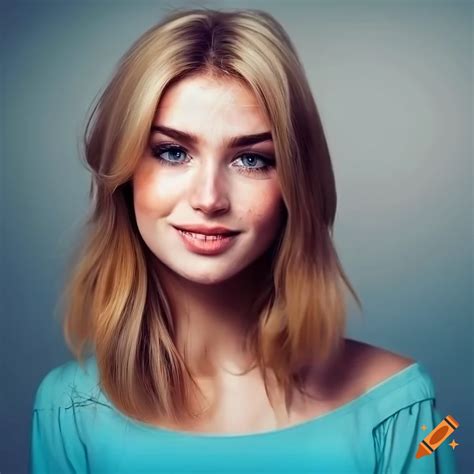 Portrait Of A Smiling Young Woman With Freckles And Bobbed Blonde Hair
