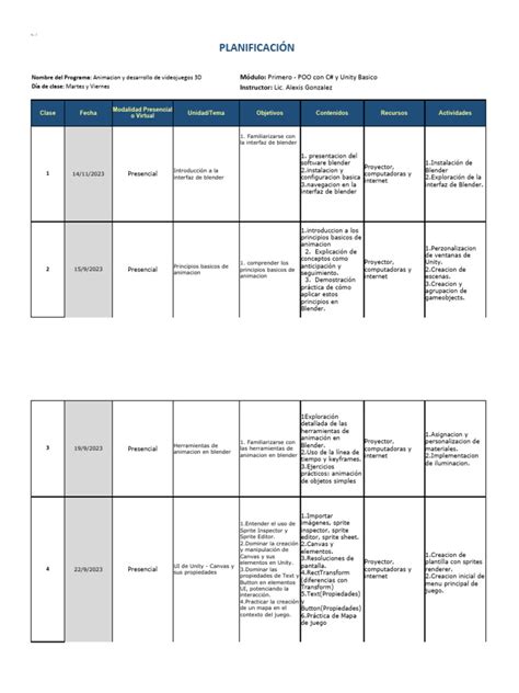 Planificación Curso Unity Modulo 1 Pdf Unidad Motor De Juego Licuadora Software