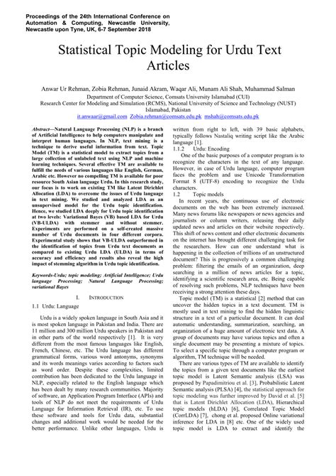 Pdf Statistical Topic Modeling For Urdu Text Articles