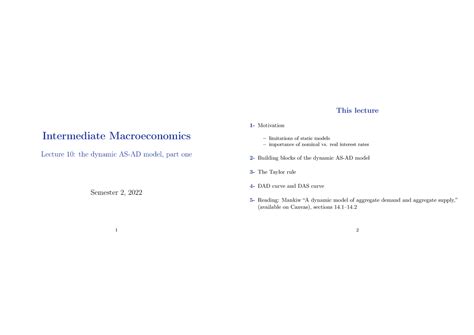 Lecture 10 Intermediate Macroeconomics Lecture 10 The Dynamic As Ad Model Part One Semester