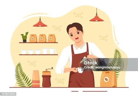 바리스타 그림 평면 만화 손으로 그린 랜딩 페이지 또는 웹 배너 템플릿에서 고객을 위해 커피를 만드는 스탠딩 앞치마를 입고 있다