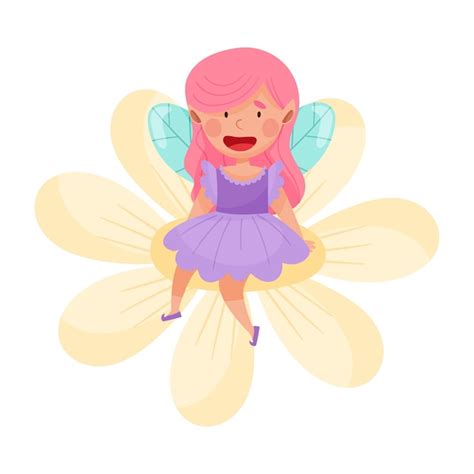 Premium Vector Smiling Fairy Or Pixie With Wings Sitting On Flower Vector Illustration