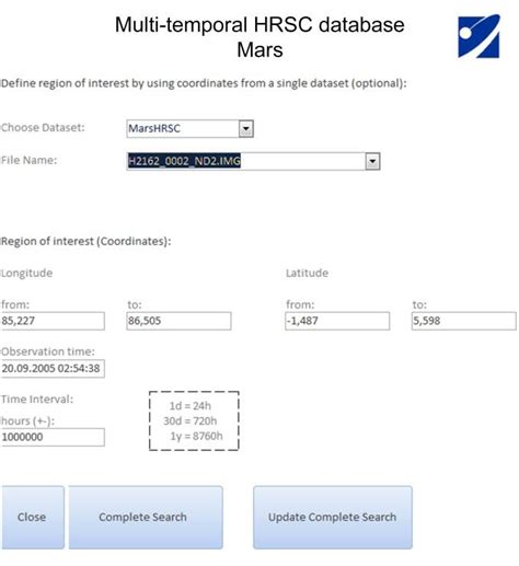 User Interface Of The Multi Temporal Hrsc Image Database Calculation