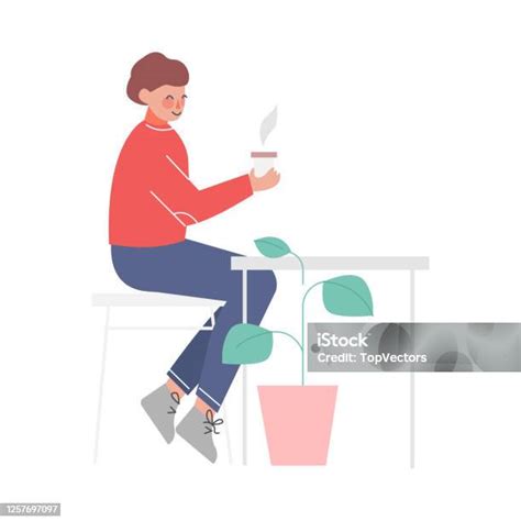 테이블에 앉아 커피를 마시고 말하는 사업가 작업 과정에서 젊은 남자 또는 흰색 배경에 고립 된 벡터 일러스트레이션을 충족 개념에