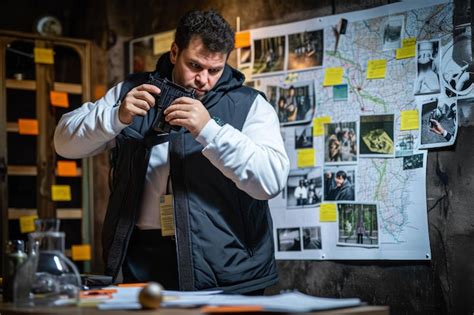 fbi detective looking at city map with photographs on wall and trying