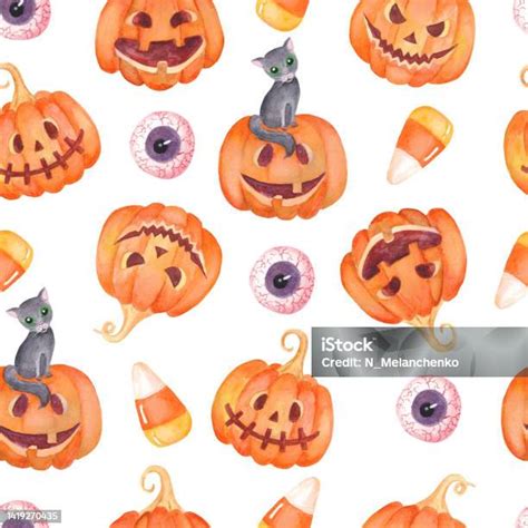 호박 잭 오 랜턴 회색 고양이 피 묻은 눈 사탕 옥수수가있는 수채화 할로윈 패턴 과자 안 주면 장난칠 거예요 할로윈 백고운드 10월에 대한 스톡 벡터 아트 및 기타 이미지