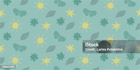 나비 별 태양 잎 퍼즐과 완벽 한 패턴 직물 배너 디자인 커버 포장 벽지 포스터 장식에 인쇄 용 어린애 같은 패턴 배경 벽지에 대한 스톡 벡터 아트 및 기타 이미지 Istock