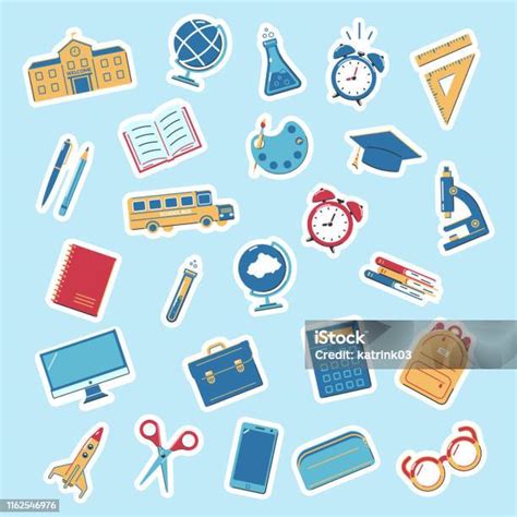 학교에 다시 스티커의 집합입니다 파란색 배경의 교육 아이콘입니다 스티커에 대한 스톡 벡터 아트 및 기타 이미지 스티커 교육 대학교 Istock