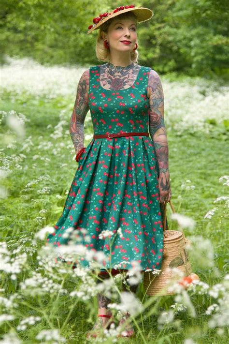 Amanda Red Cherry Flared Dress In Green 10 Fit And Flare Dress