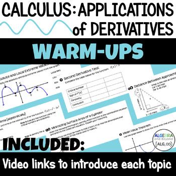 Calculus Applications Of Derivatives Warm Ups By Algebra And Beyond