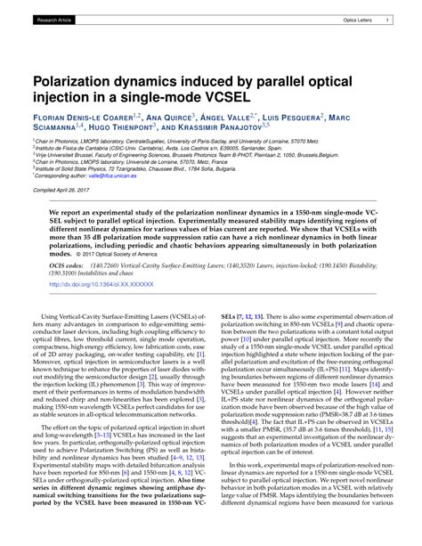 Pdf Polarization Dynamics Induced By Parallel Optical Injection In A