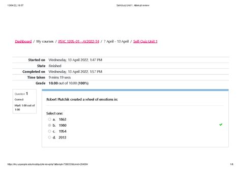 Self Quiz Unit 1 Attempt Review Question 1 Correct Mark 1 Out Of 1 Started On Wednesday 13