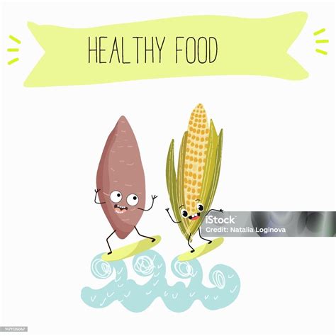 옥수수 개암 나무 열매 마스코트 옥수수 옥수수 속대 고구마 참마 재미있는 캐릭터 재미 있고 건강한 음식 비타민 귀여운 얼굴 음식 재료 채식주의 벡터 만화 산화 방지제