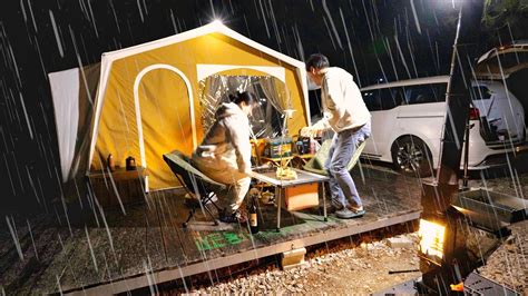 새로운 캐빈텐트에 떨어지는 거센 비 한밤중 폭우 우중캠핑 오션뷰 캠핑장 힌트 캐빈 간절기 화목난로 캠핑
