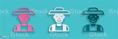 파란색 배경에 격리 된 모자 아이콘에서 종이 잘라 농부 종이 아트 스타일 벡터 가공의 인물에 대한 스톡 벡터 아트 및 기타 이미지 가공의 인물 건강한 생활방식 그림자