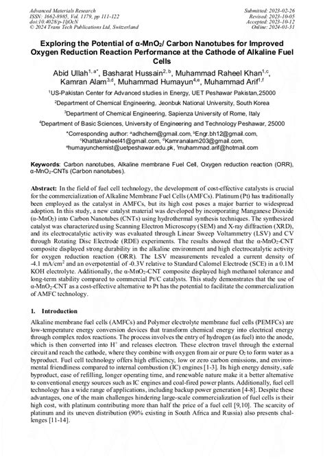 Exploring The Potential Of α Mno2 Carbon Nanotubes For Improved Oxygen Reduction Reaction