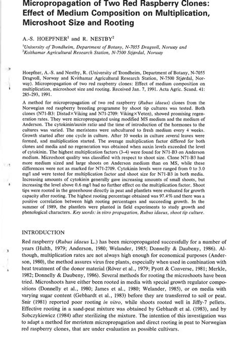 Pdf Micropropagation Of Two Red Raspberry Clones Effect Of Medium Composition On