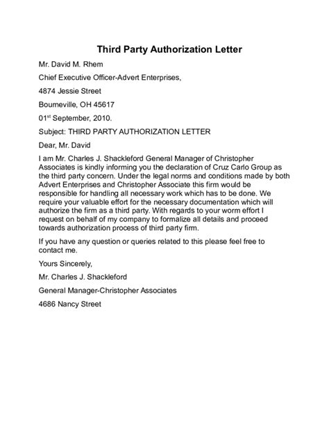 Third Party Authorization Letter Sample Free Download