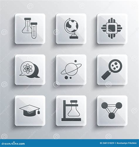 Set Test Tube Flask On Stand Molecule Microorganisms Under Magnifier Planet Saturn