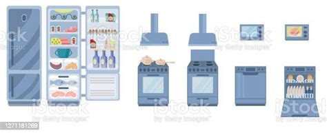 주방 가전 제품 세트 냉장고 전기 스토브 추출기 후드 식기 세척기 전자 레인지 음식과 비어 있는 오픈 및 폐쇄 플랫 스타일로