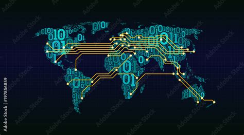 Abstract World Map From A Digital Binary Code On A Grid Background Connection Between Cities In