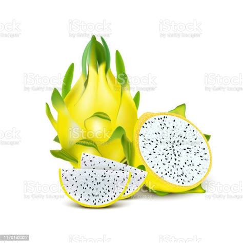 붉은 노란색 드래곤 과일 전체 과일과 절반 건강한 라이프 스타일을위한 열대 과일 웹 또는 인쇄 패키징을 위한 사실적인 3d 설계 요소 0명에 대한 스톡 벡터 아트 및 기타