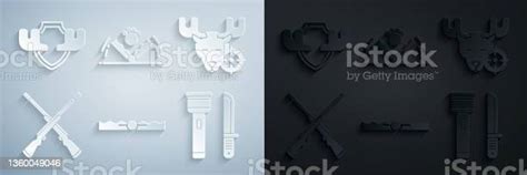 트랩 사냥 십자선으로 사슴사냥 두 개의 교차 산탄총 손전등과 칼 무스 뿔 방패 아이콘을 설정합니다 벡터 3차원 형태에 대한 스톡 벡터 아트 및 기타 이미지 Istock