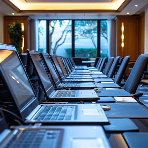 Training Room Setup Rows Of Laptops Arranged For Educational Session Stock Illustration