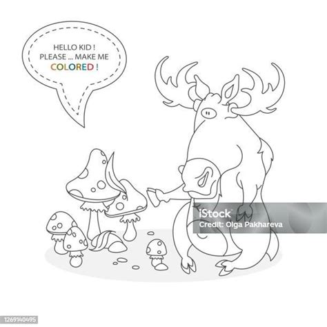 흑백 색칠 공부 책 페이지 큰 뿔과 재미 귀여운 사슴의 만화 캐릭터와 Agaric 비행 어린이 의 발달을위한 세트에서 카드 벡터 일러스트레이션 0명에 대한 스톡 벡터 아트