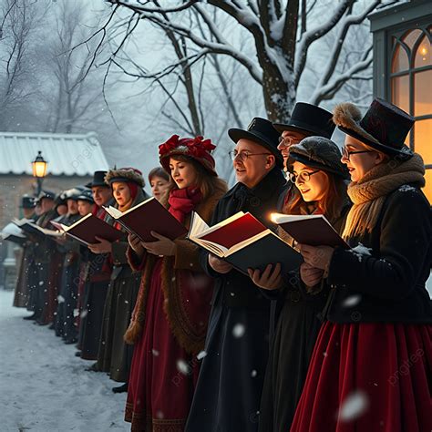 Joyful Christmas Carolers Singing In The Snow Background Christmas