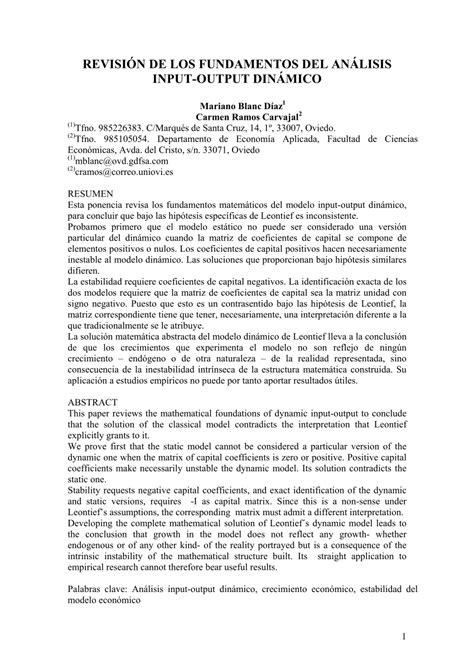 Pdf Revisión De Los Fundamentos Del Análisis Input Output Dinámico