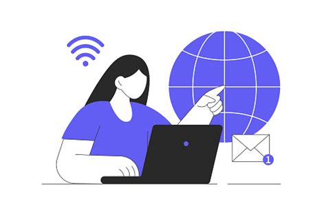 큰 지구본 상징 옆에 노트북을 사용하는 여자 세계화 기술 원격 작업 클라우드 컴퓨팅 디지털 통신 인터넷 액세스 온라인 학습에 이상적입니다 플랫 만화 벡터 일러스트 레이 션