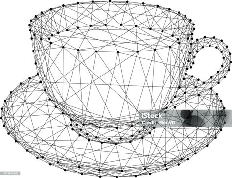 컵 커피 또는 차 추상 미래 다각형 검은 선과 점 들에서 접시에 낯 짝 벡터 일러스트입니다 0명에 대한 스톡 벡터 아트 및 기타 이미지 Istock